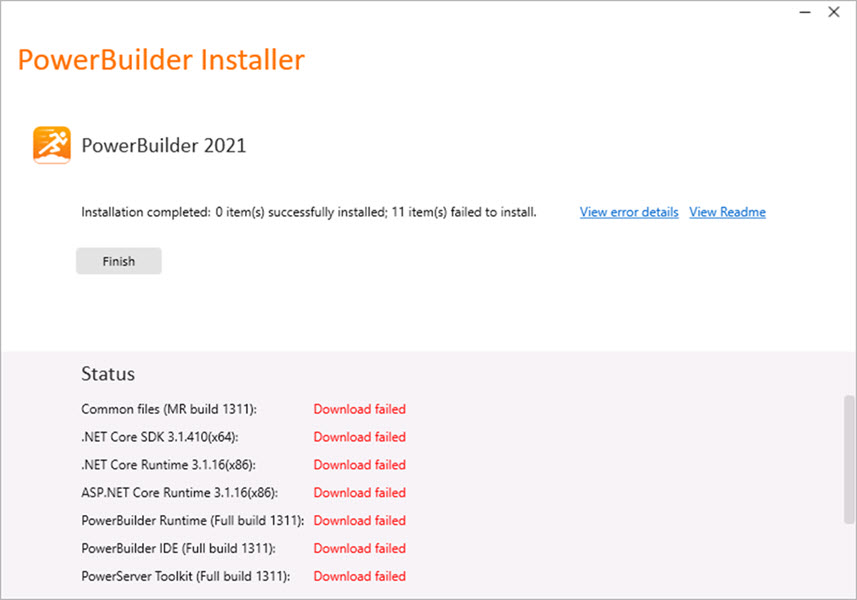 PowerBuilder/InfoMaker Installer fails to download files - - PowerBuilder Troubleshooting Guide