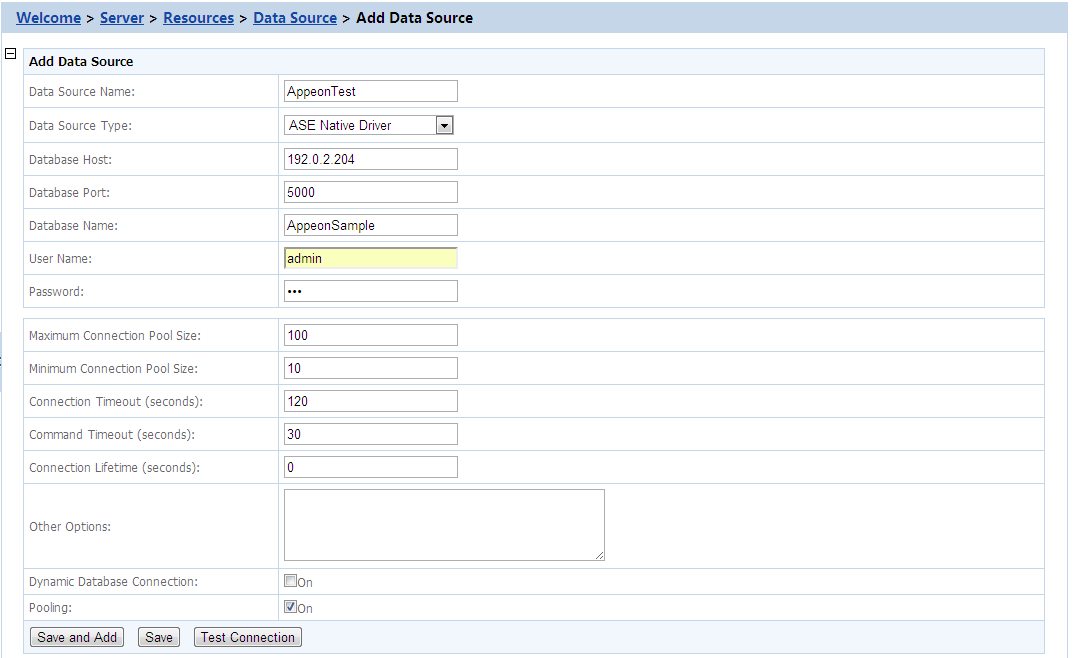 Data source settings for ASE native driver - - PowerServer ...